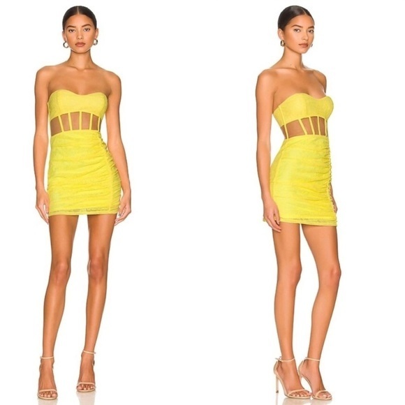 NBD | Dresses | New Nbd Revolve Yellow Corset Lace Ruched Strapless ...